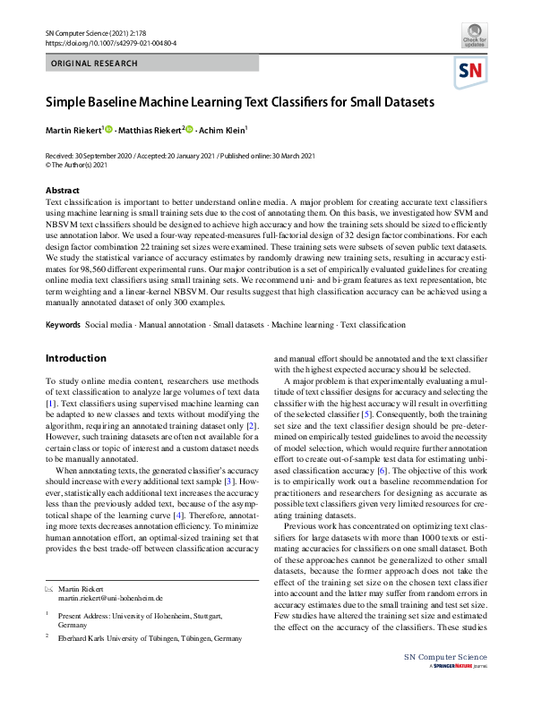 (PDF) Simple Baseline Machine Learning Text Classifiers for Small Datasets