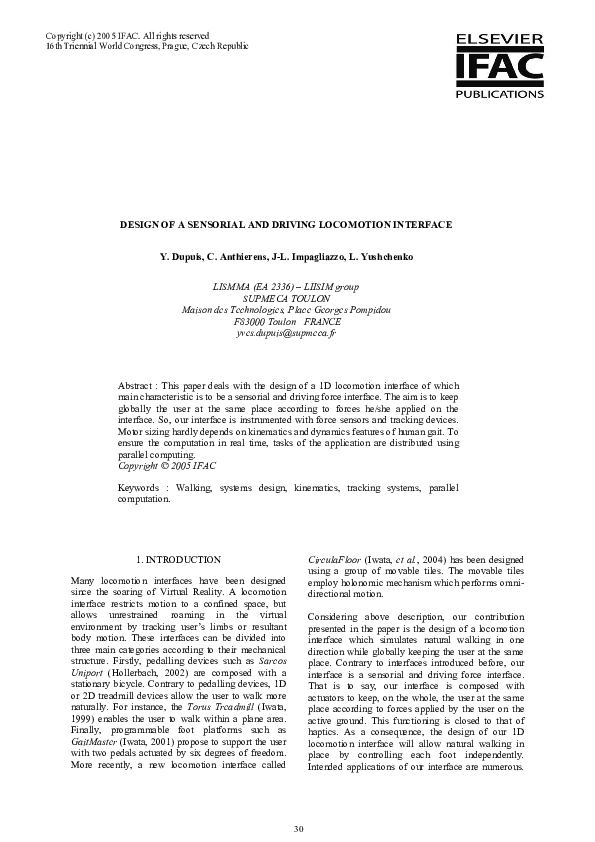 (PDF) Design of a Sensorial and Driving Locomotion Interface | Cédric Anthierens - Academia.edu