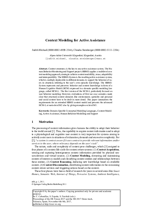 (PDF) Context Modeling for Active Assistance | Claudia Steinberger - Academia.edu