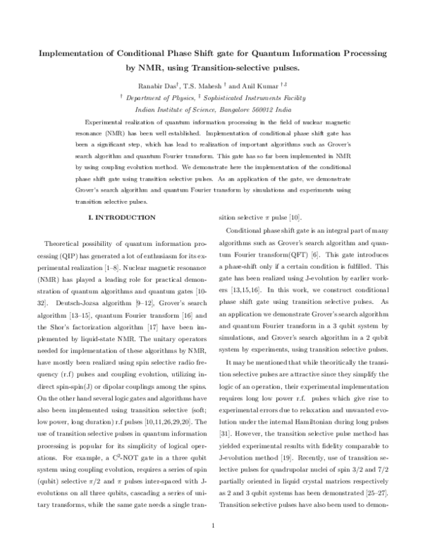 Pdf Implementation Of Conditional Phase Shift Gate For Quantum Information Processing By Nmr