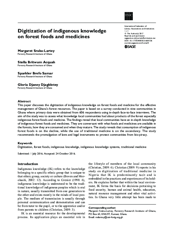 (PDF) Digitization of indigenous knowledge on forest foods and medicines