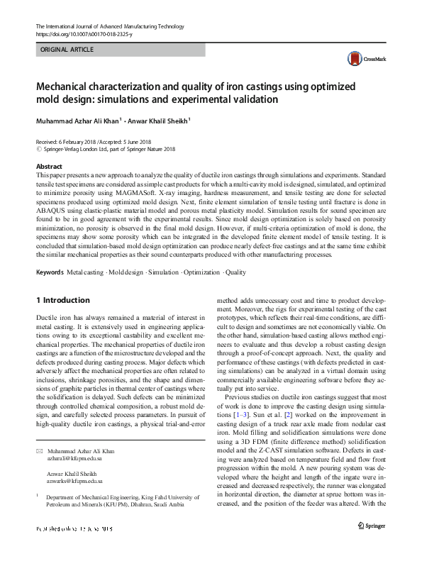 (PDF) Mechanical characterization and quality of iron castings using optimized mold design ...