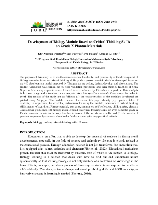 (PDF) Development of Biology Module Based on Critical Thinking Skills ...