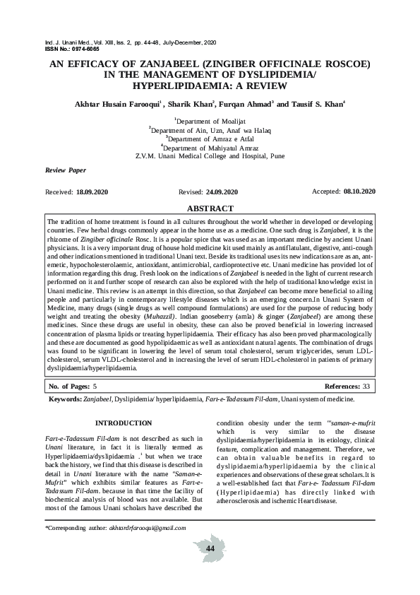 (PDF) An Efficacy of Zanjabeel (Zingiber Officinale Roscoe) in the ...