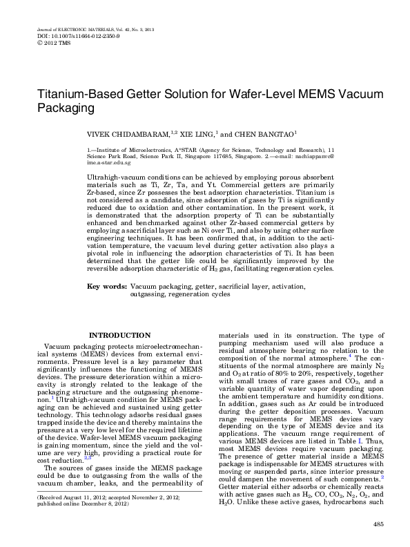 (PDF) Titanium-Based Getter Solution for Wafer-Level MEMS Vacuum Packaging