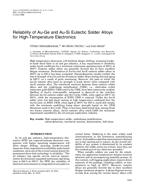 (PDF) Reliability of Au-Ge and Au-Si Eutectic Solder Alloys for High-Temperature Electronics