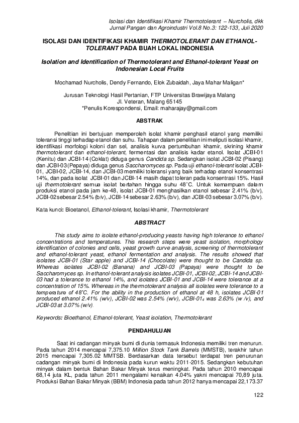 (PDF) Isolasi Dan Identifikasi Khamir Thermotolerant Dan Ethanol ...