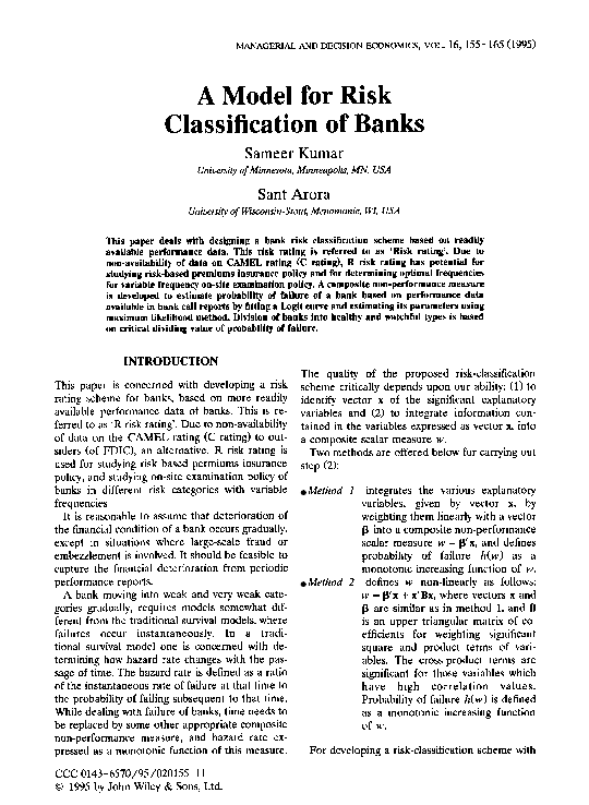 (PDF) A model for risk classification of banks | sameer kumar ...