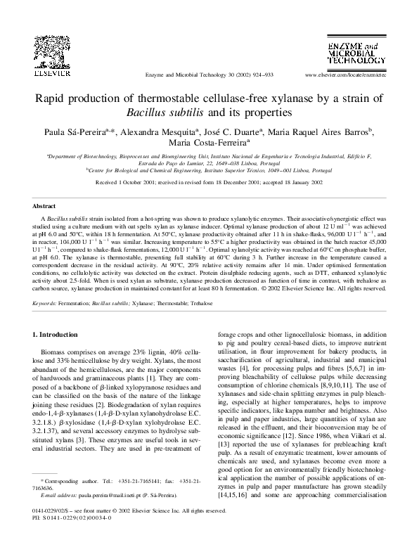 (PDF) Rapid production of thermostable cellulase-free xylanase by a strain of Bacillus subtilis ...
