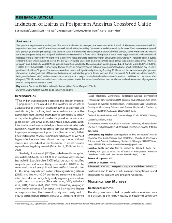 (PDF) Induction of Estrus in Postpartum Anestrus Crossbred Cattle