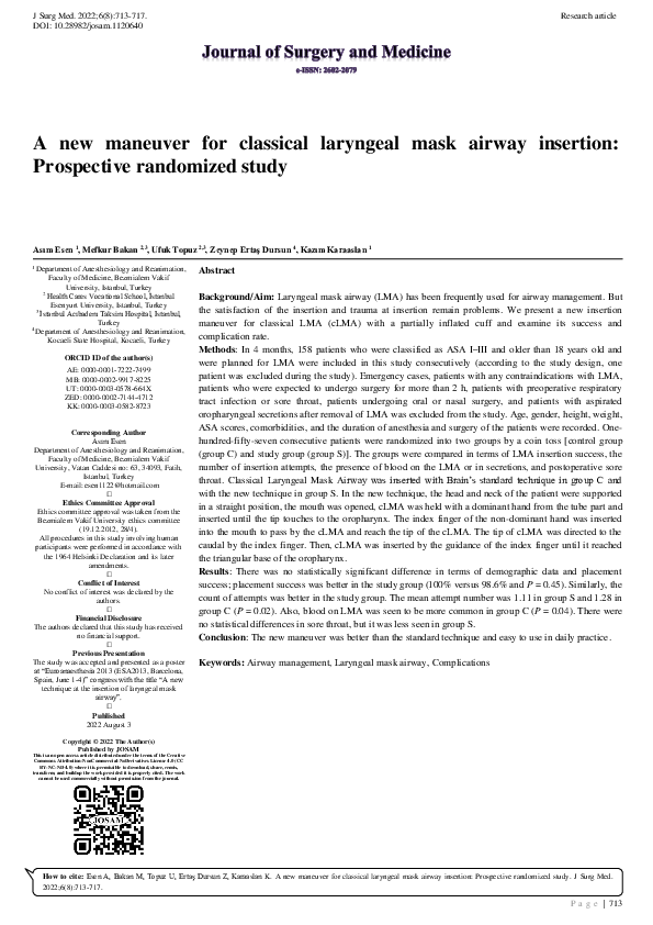 (PDF) A new maneuver for classical laryngeal mask airway insertion: Prospective randomized study