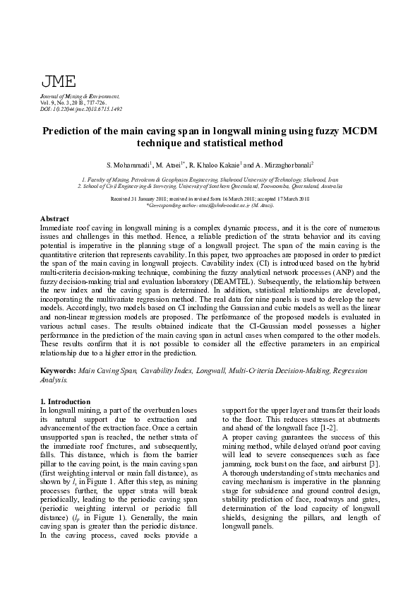 Pdf Prediction Of The Main Caving Span In Longwall Mining Using Fuzzy