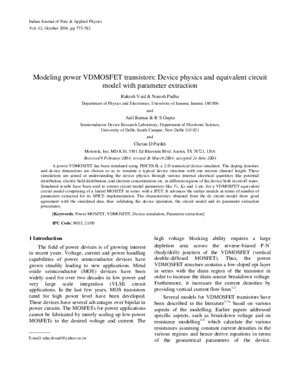 (PDF) Modeling power VDMOSFET transistors: Device physics and equivalent circuit model with ...