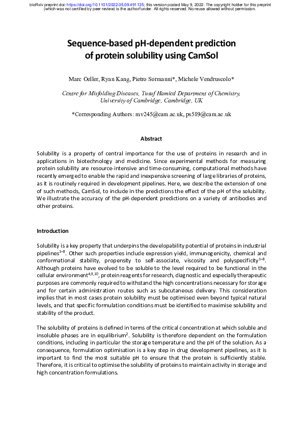 (PDF) Sequence-based pH-dependent prediction of protein solubility using CamSol