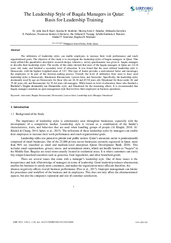 (PDF) The Leadership Style of Baqala Managers in Qatar: Basis for ...