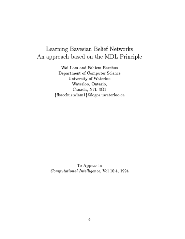 (PDF) Learning Bayesian Belief Networks: An Approach Based on the MDL Principle