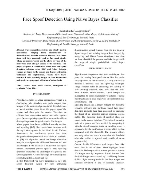 Pdf Face Spoof Detection Using Naive Bayes Classifier