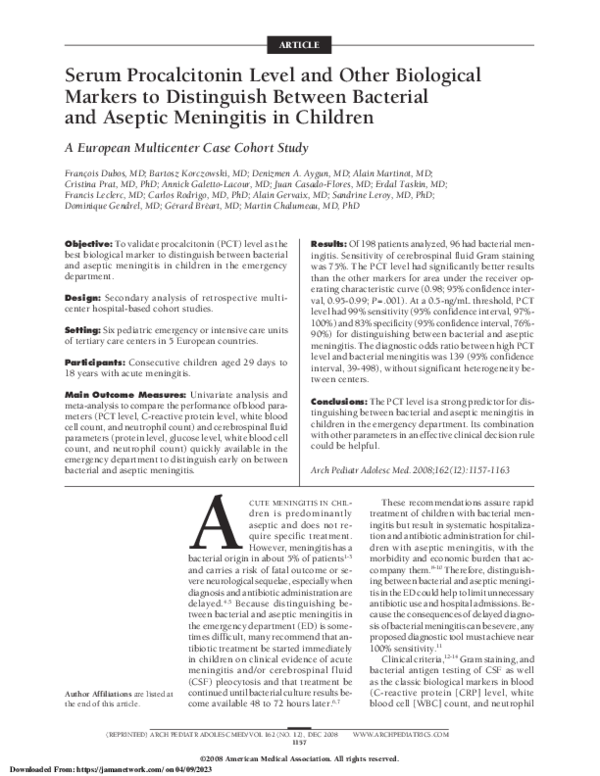 (PDF) Procalcitonin as Marker for Meningitis in Kids