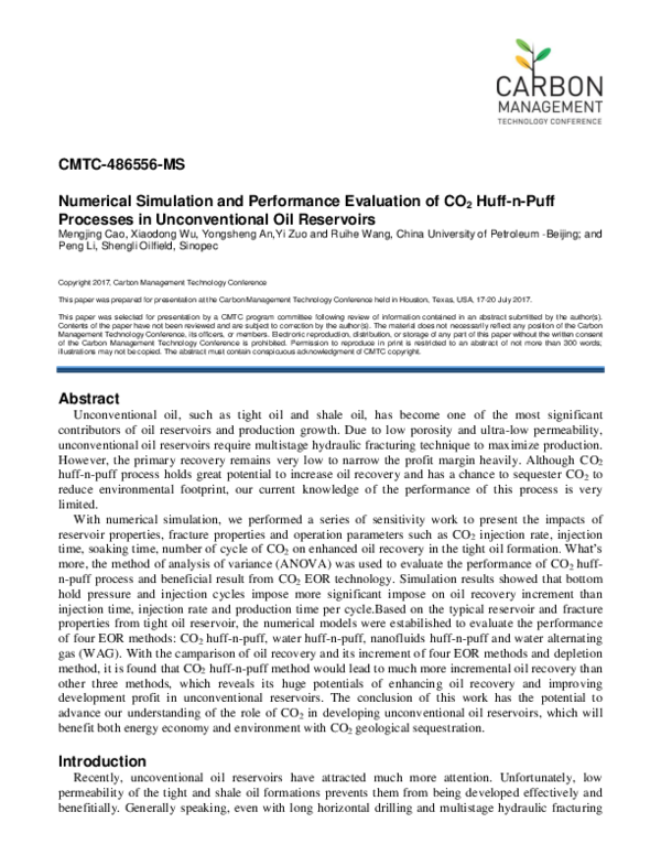 (PDF) Numerical Simulation and Performance Evaluation of CO2 Huff-n ...