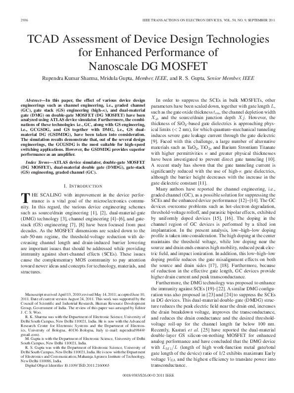 (PDF) TCAD Assessment of Device Design Technologies for Enhanced Performance of Nanoscale DG MOSFET