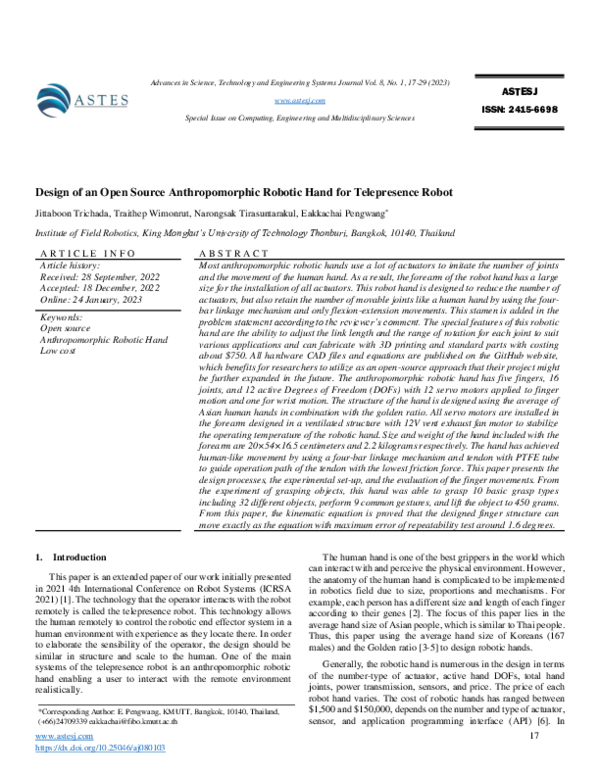 (PDF) Design of an Open Source Anthropomorphic Robotic Hand for Telepresence Robot