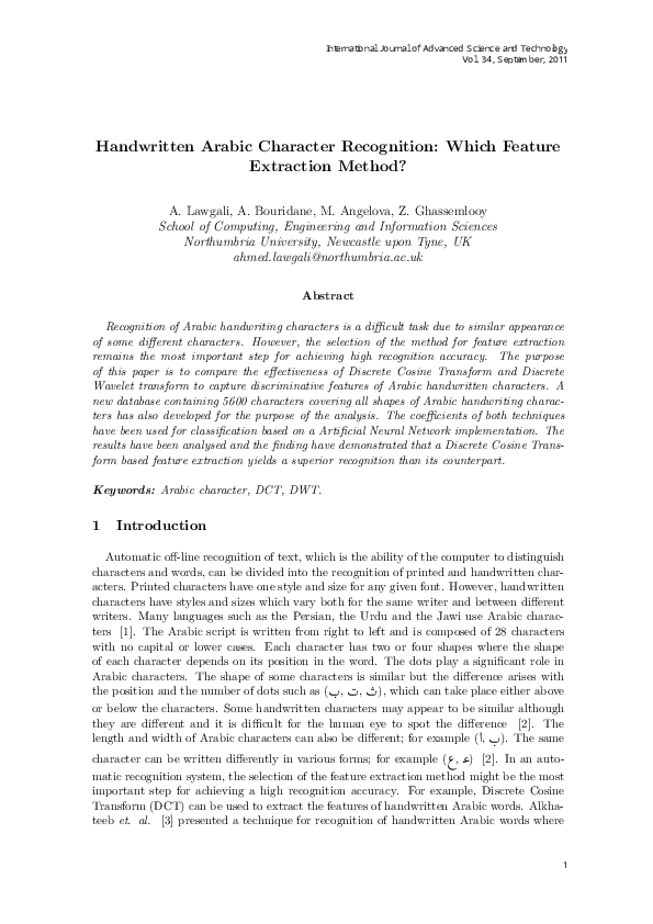 (PDF) Handwritten Arabic Character Recognition: Which feature extraction method