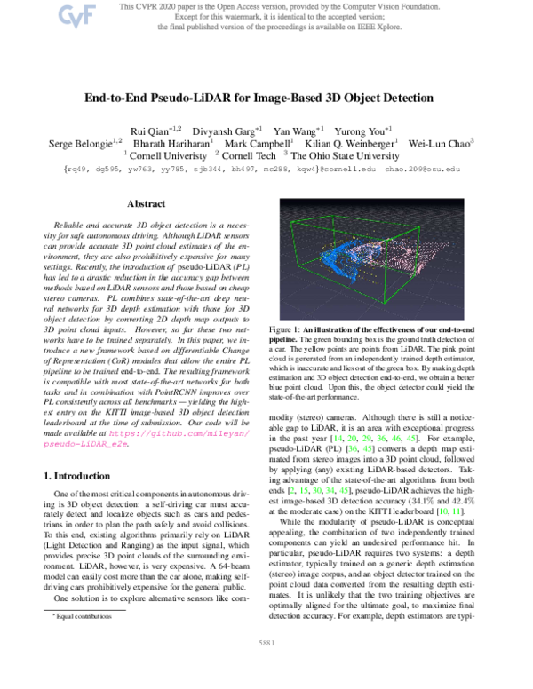 Pdf End To End Pseudo Lidar For Image Based 3d Object Detection