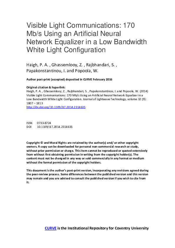 Pdf Visible Light Communications 170 Mbs Using An Artificial Neural Network Equalizer In A