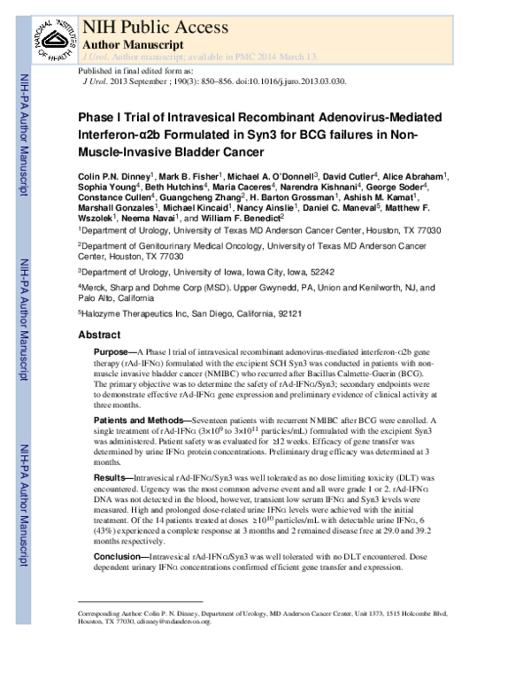 (PDF) Phase I Trial of Intravesical Recombinant Adenovirus Mediated Interferon-α2b Formulated in ...