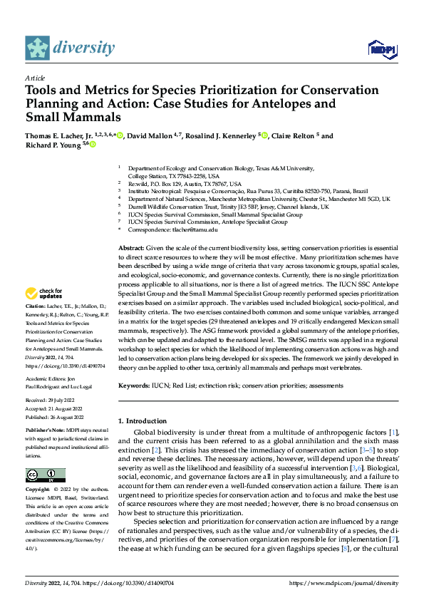 (PDF) Tools and Metrics for Species Prioritization for Conservation ...