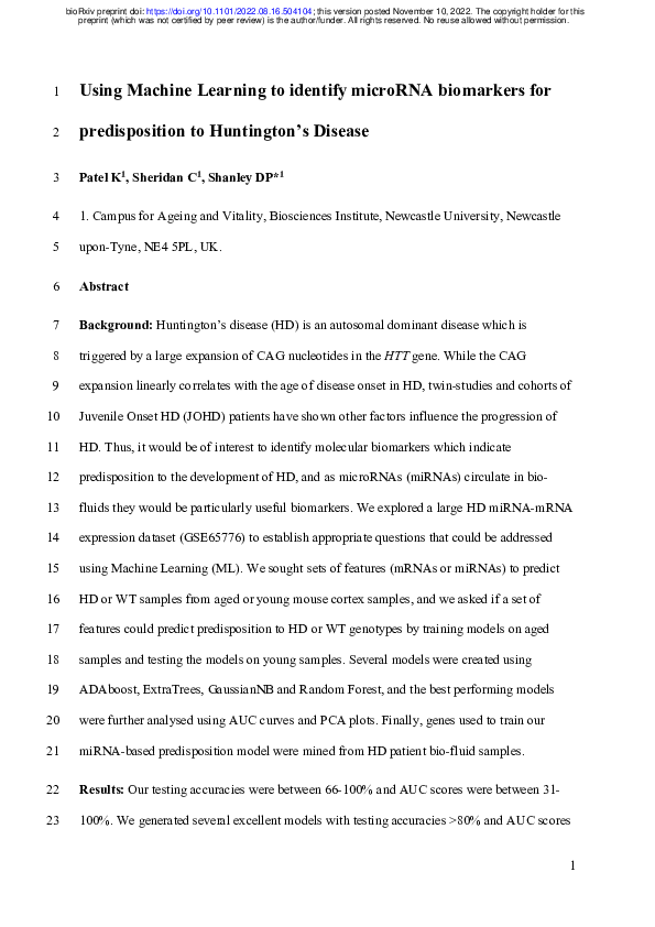 (PDF) Using Machine Learning to identify microRNA biomarkers for predisposition to Huntington’s ...
