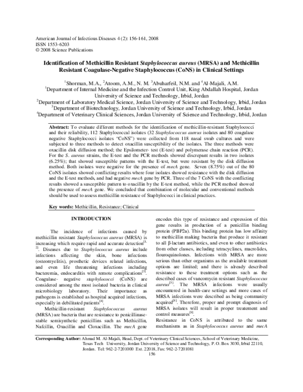 Pdf Identification Of Methicillin Resistant Staphylococcus Aureus Mrsa And Methicillin