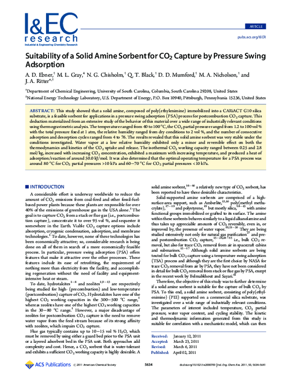 (PDF) Suitability of a Solid Amine Sorbent for CO2 Capture by Pressure ...