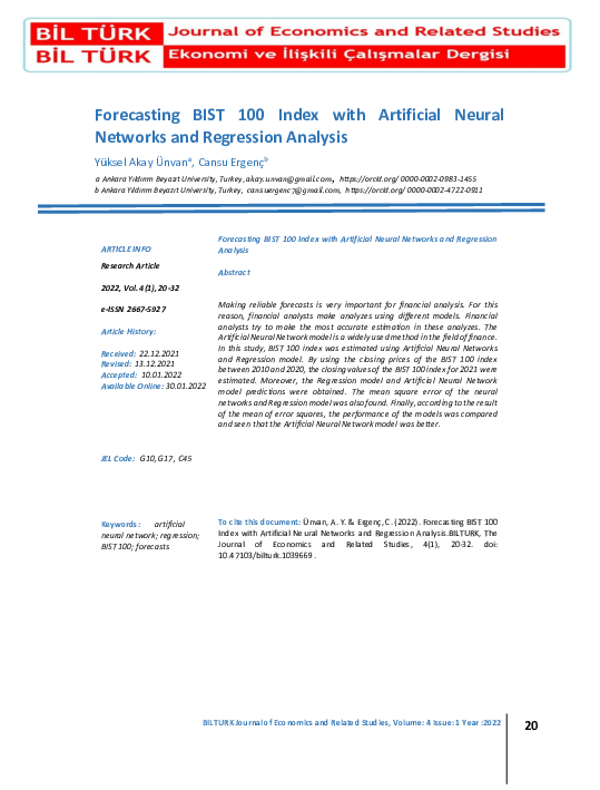 (PDF) Forecasting BIST 100 Index With Artificial Neural Networks and Regression Analysis