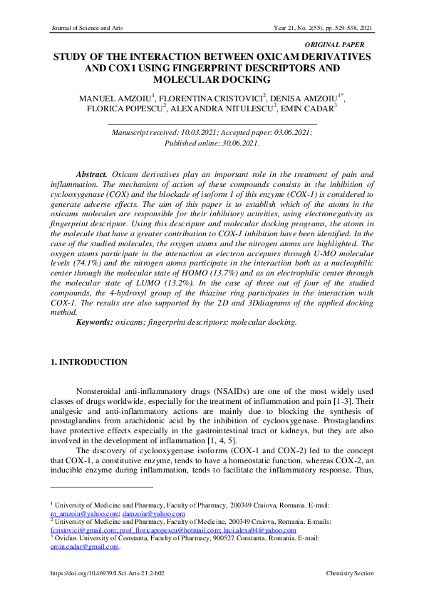 (PDF) Study of the Interaction Between Oxicam Derivatives and COX1 Using Fingerprint Descriptors ...