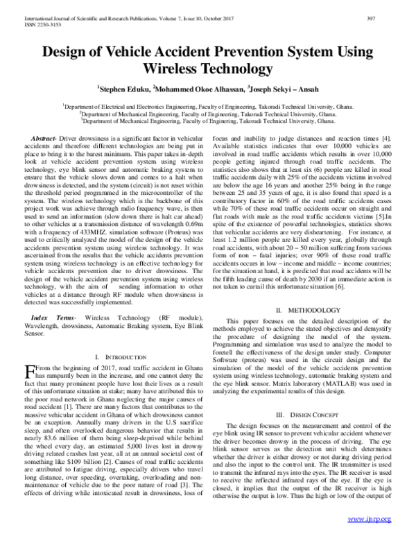 (PDF) Design of Vehicle Accident Prevention System Using Wireless Technology