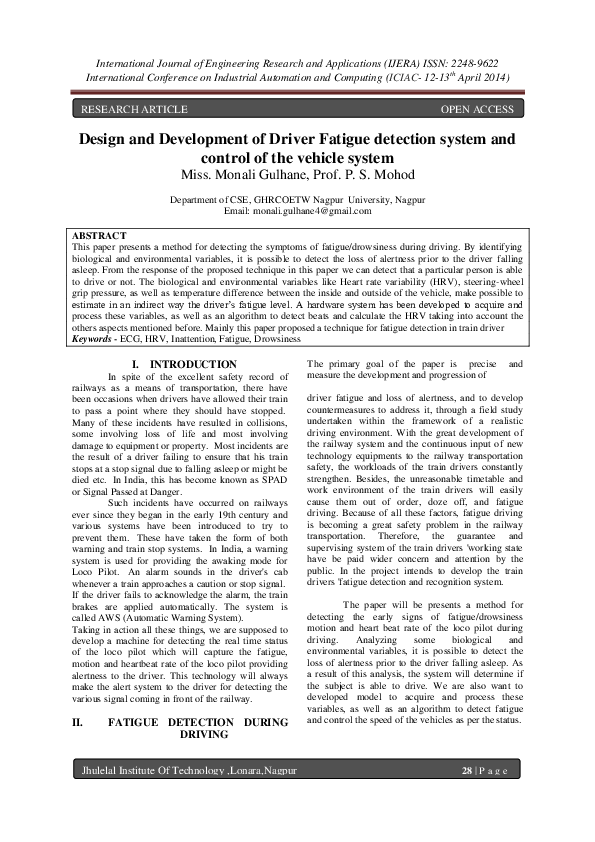 Pdf Design And Development Of Driver Fatigue Detection System And Control Of The Vehicle System