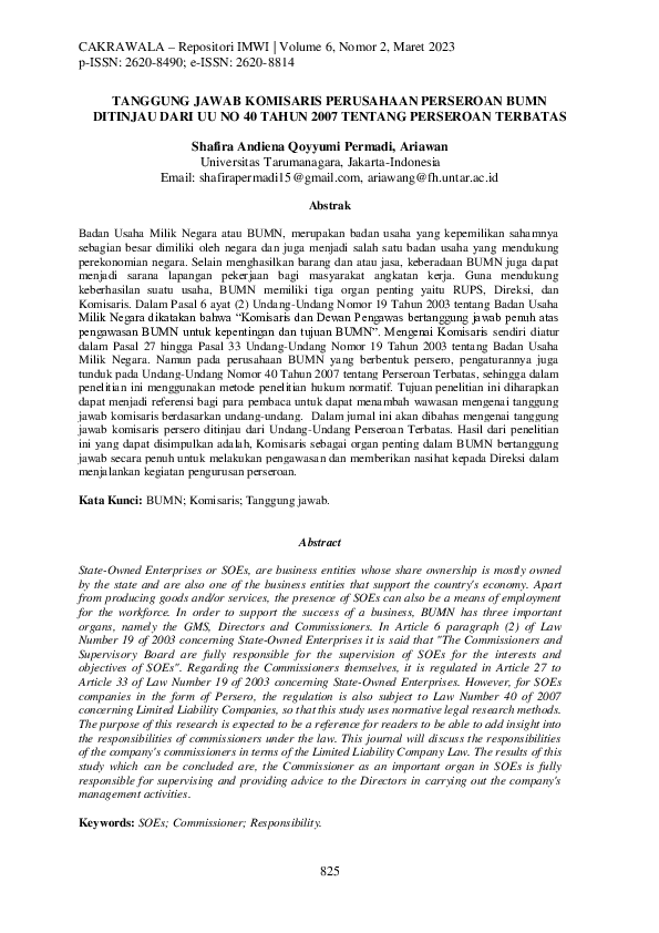 (PDF) Tanggung Jawab Komisaris Perusahaan Perseroan BUMN Ditinjau dari ...