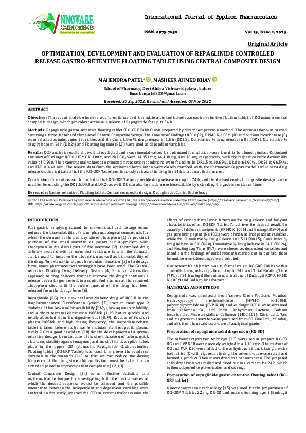 Pdf Optimization Development And Evaluation Of Repaglinide Controlled Release Gastro