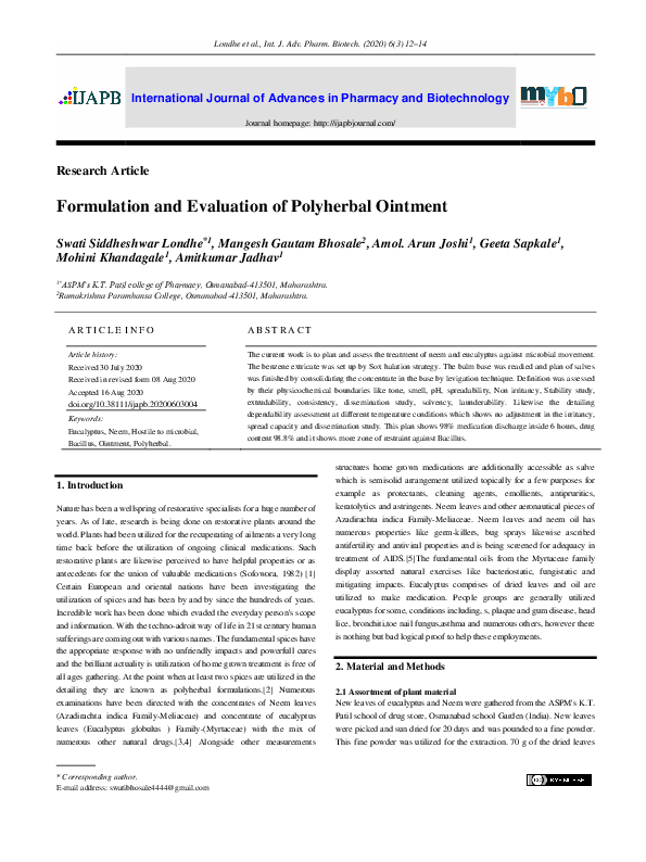(PDF) Formulation and Evaluation of Polyherbal Ointment