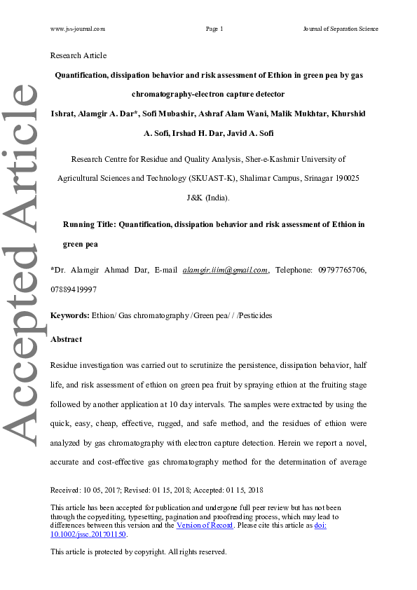(PDF) Quantification, dissipation behavior and risk assessment of ...