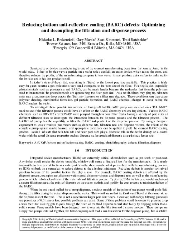 (PDF) Reducing bottom anti-reflective coating (BARC) defects ...