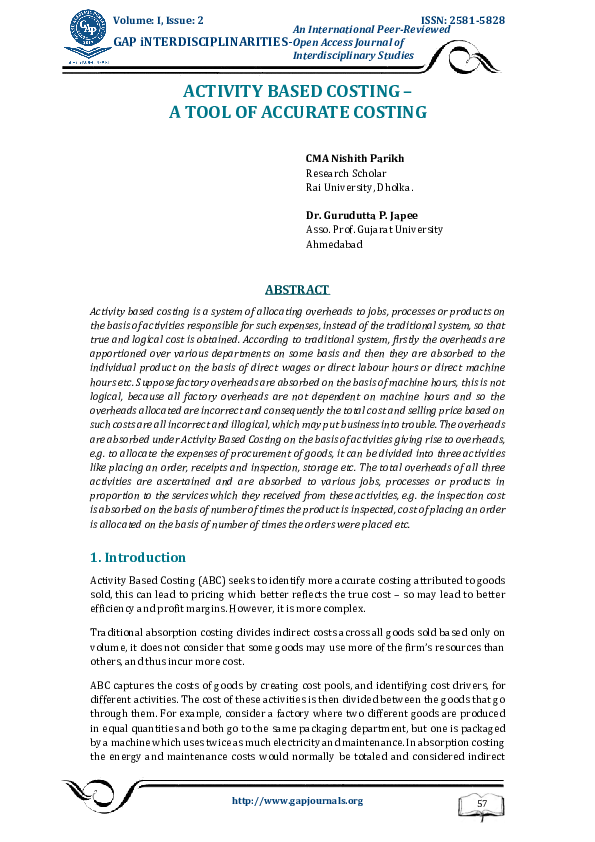 (PDF) Activity Based Costing – a Tool of Accurate Costing
