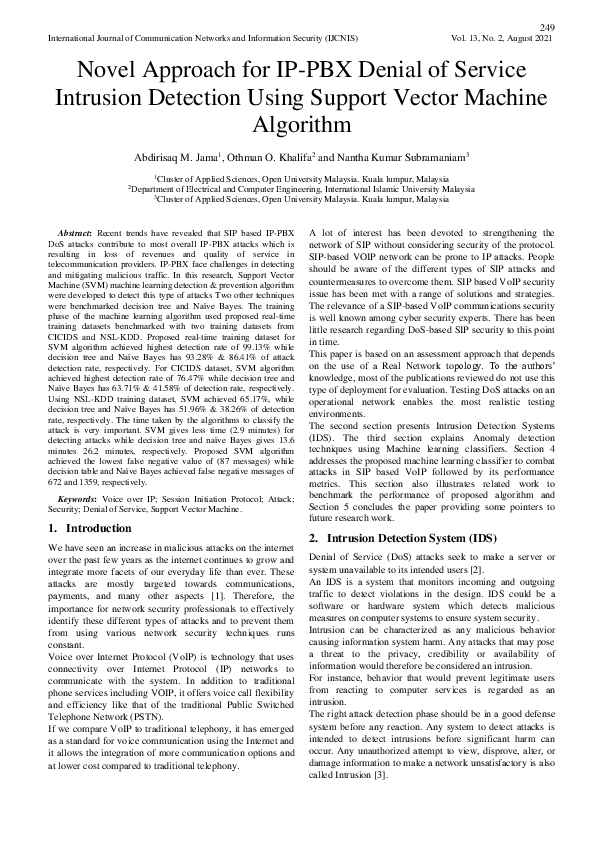 (PDF) Novel Approach for IP-PBX Denial of Service Intrusion Detection Using Support Vector ...