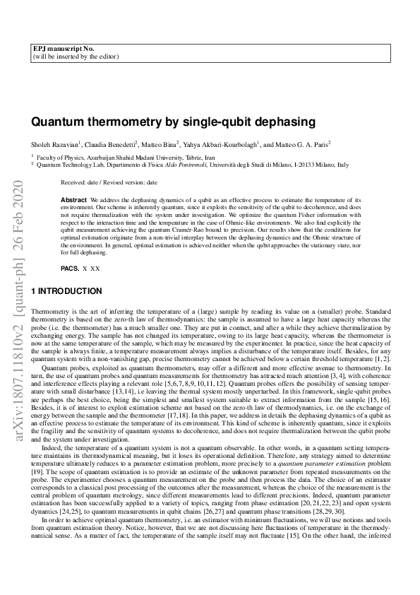 (PDF) Quantum thermometry by single-qubit dephasing