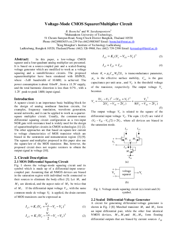 (PDF) Voltage-Mode CMOS Squarer/Multiplier Circuit