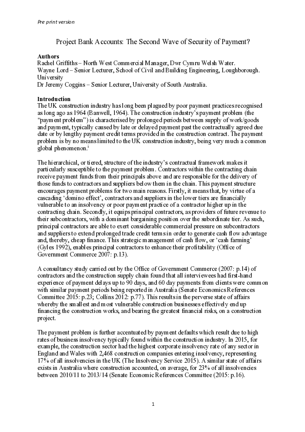 (PDF) Project bank accounts: the second wave of security of payment?