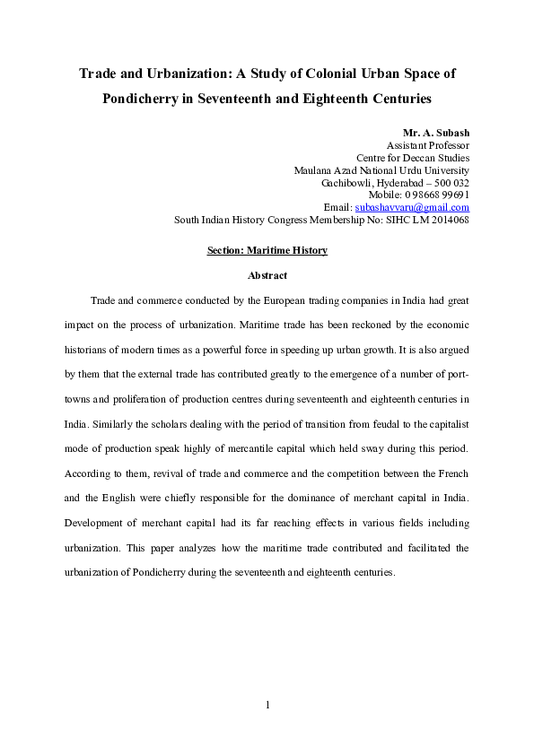 (DOC) Trade and Urbanization: A Study of Colonial Urban Space of ...