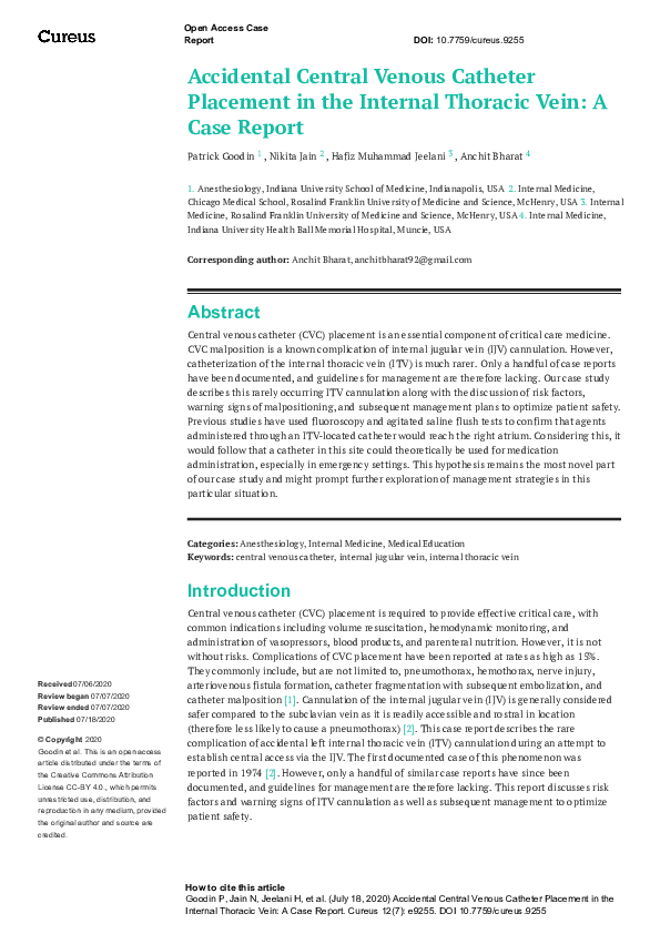 (PDF) Accidental Central Venous Catheter Placement in the Internal ...
