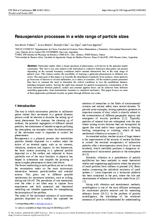 (PDF) Resuspension processes in a wide range of particle sizes